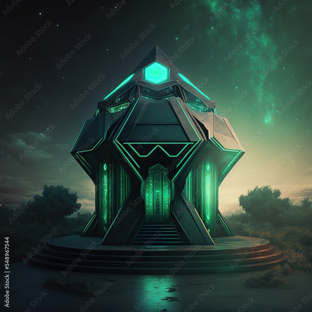 pentagonal indigenous temple kiosk with green neon beams in outer space ...