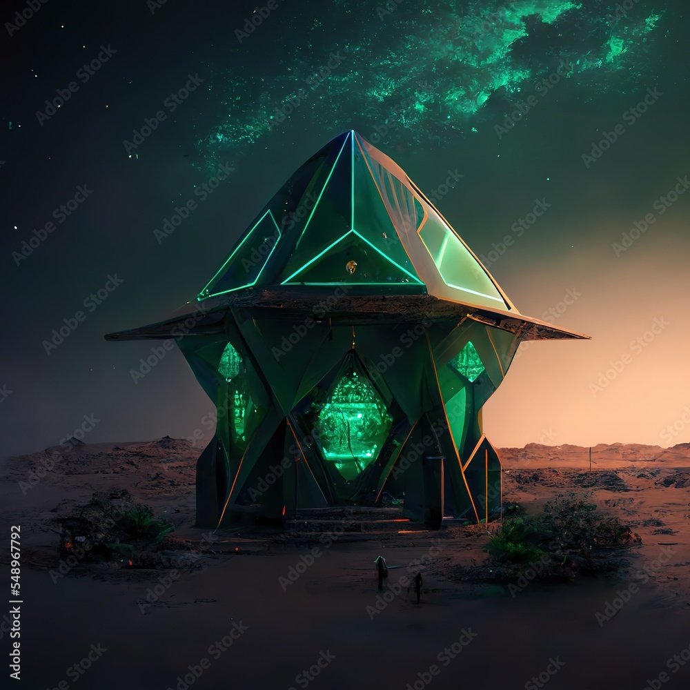 pentagonal indigenous temple kiosk with green neon beams in outer space ...