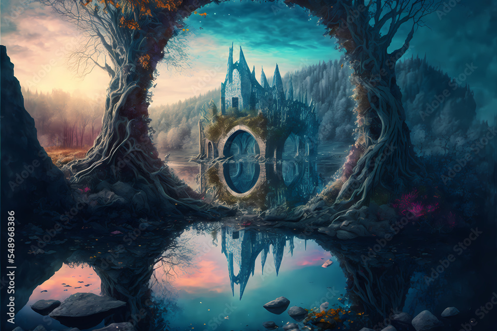 fantasy landscape of the ethereal witch wild forest with a castle in ...