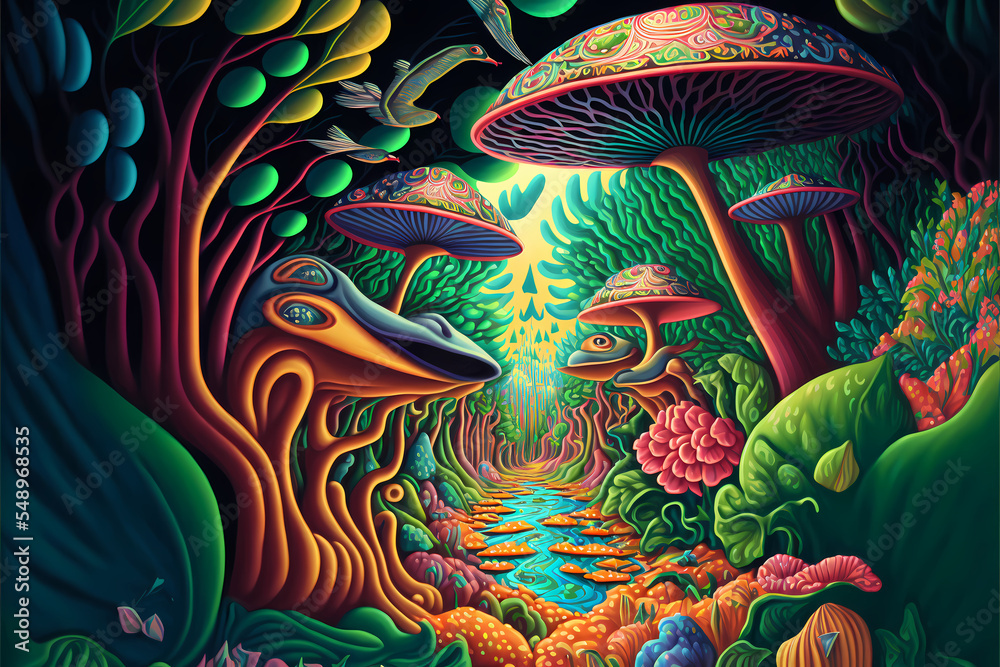 Colorful Playful Forest Scene With Mushrooms And Exotic Birds And Plants In Vivid Peakcock