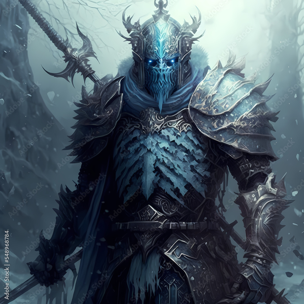 fantasy concept art of an ice Knight holding a Sword in Armor. Full Portrait. Snow Landscape ...