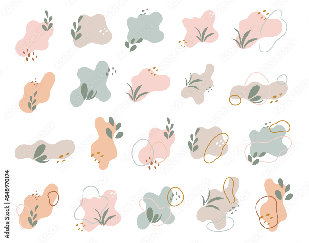 Set of abstract organic shape with leaves. Fluid vector in flat style ...