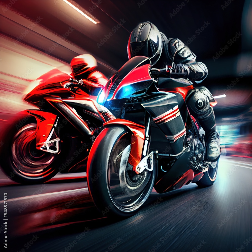 Bikers on red motorcycles rides at the highway. Blurred motion, fast ...