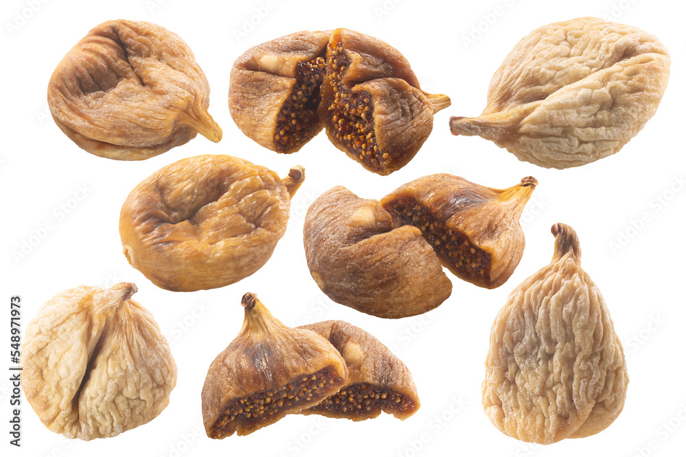 Whole and halved dried fig (Ficus carica fruits), isolated Stock Photo ...