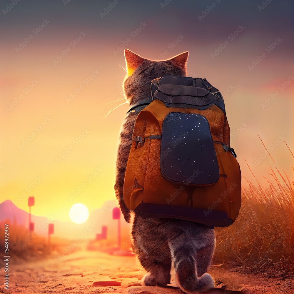 Cute cat with backpack walking to the sunset. Cartoon illustration ...