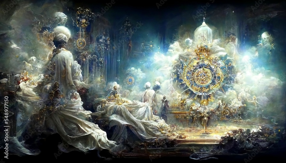 Drawing of an ornate scene depicting the awakening of humanity v2 Stock ...