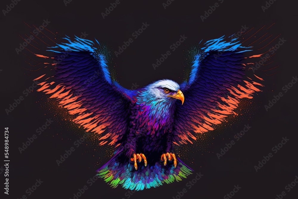 Eagle is depicted in neon colors against a black background in a pop ...
