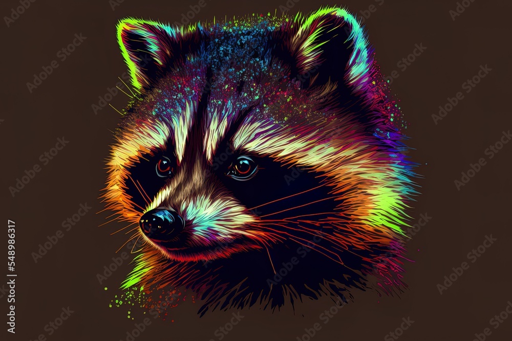 Raccoon is shown in neon colors over a black backdrop in a pop art ...