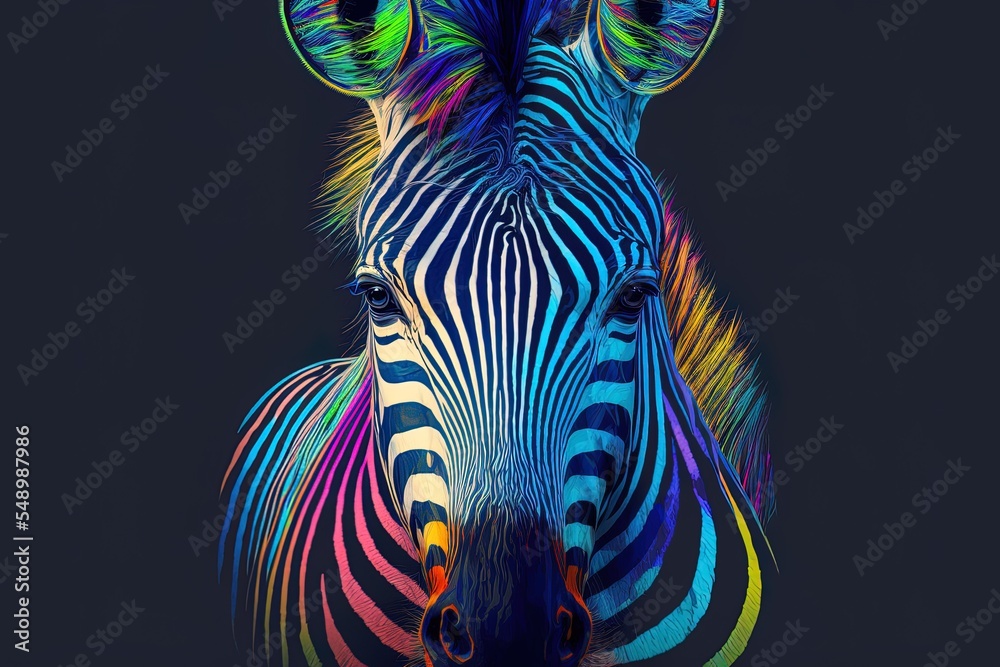 zebra is shown in neon colors over a black backdrop in a pop art ...