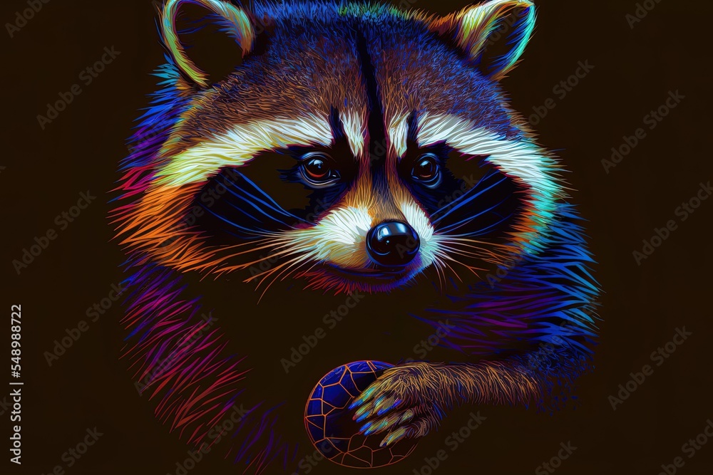 Raccoon is shown in neon colors over a black backdrop in a pop art ...