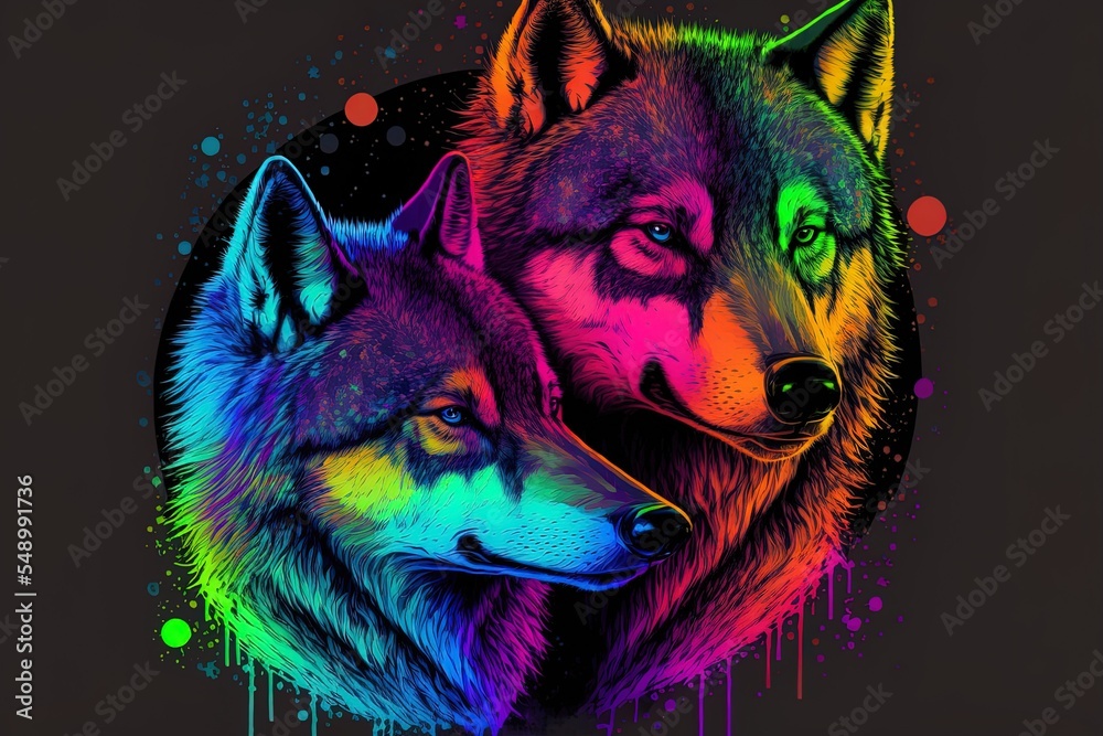 Wolves. Abstract, neon, color portrait of a pair of wolves on a black ...