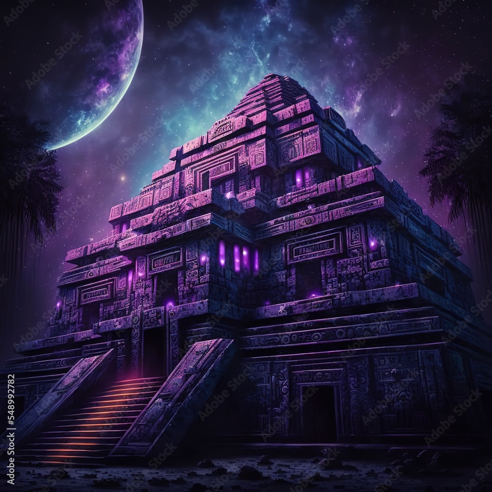 Photo & Art Print indigenous precolumbian temple with green neon beams ...