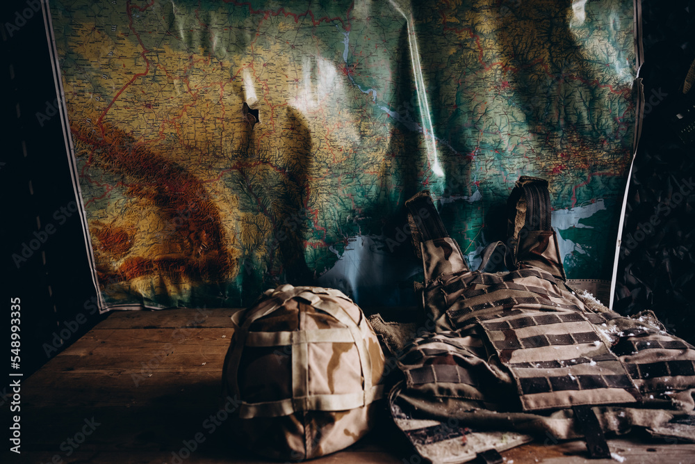 Helmet, body armor for military service. Russian ukrainian war. Map of ...