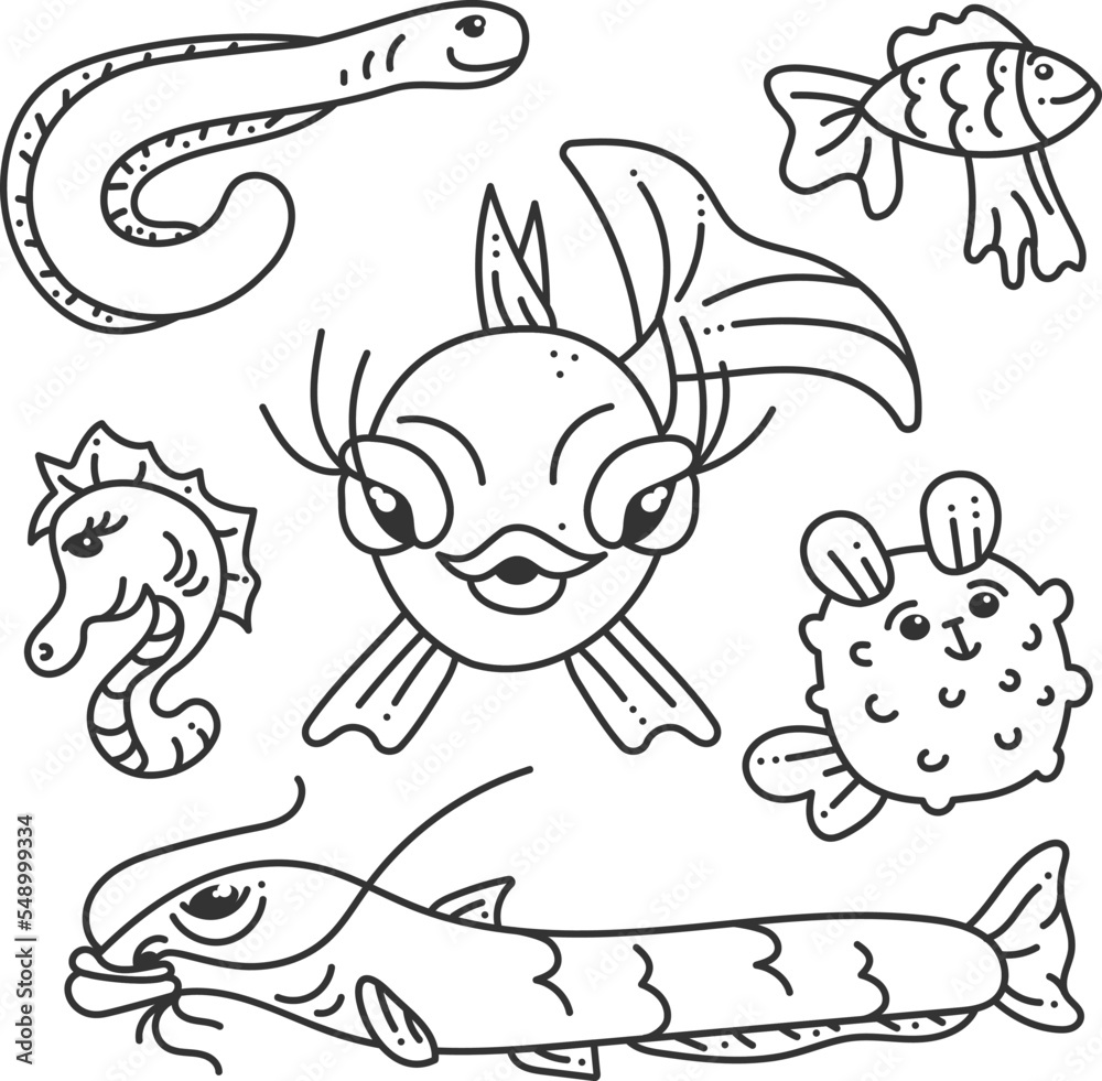 Doodle fish set. Cute small set with 5 types of sea creatures. Stock ...
