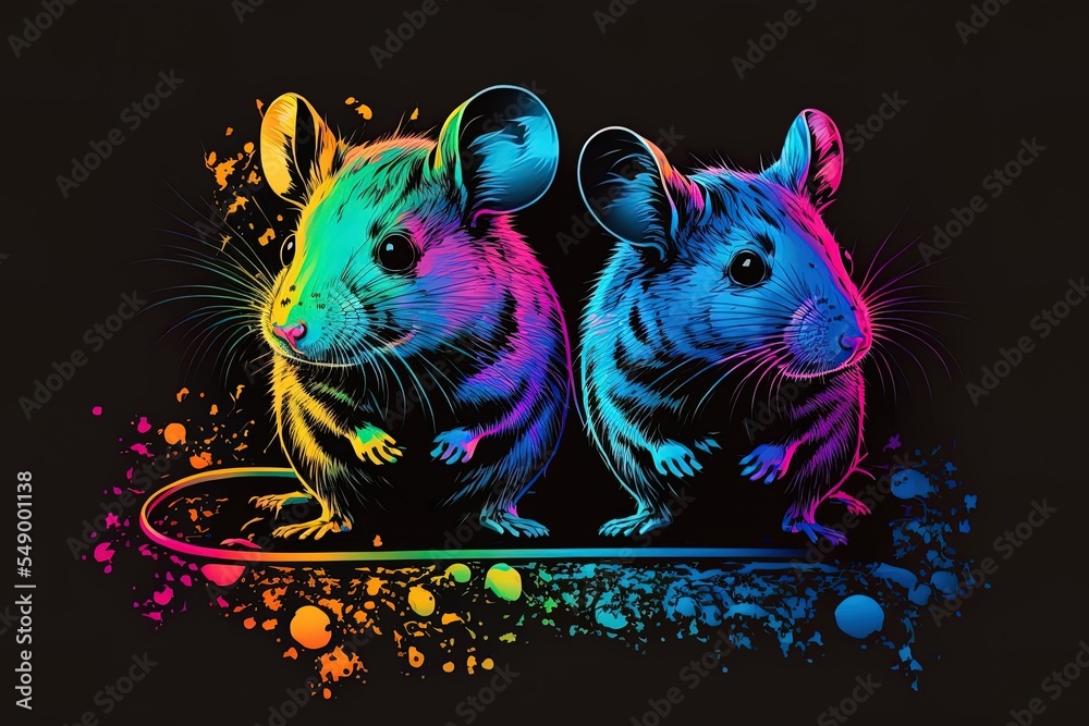 Abstract color portrait of cute mice on a black background in pop art ...