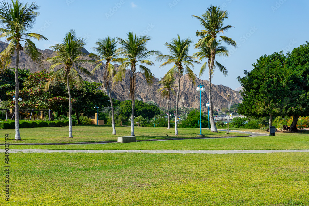 Riyam Park. Traditional Omani architecture. Old Town of Muscat along ...