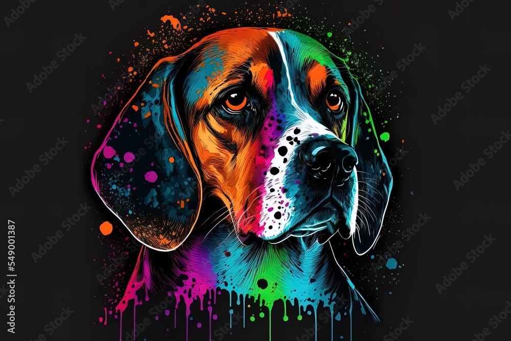 beagle is depicted in neon colors against a black background in a pop ...