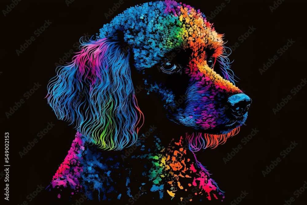Brightly colored portrait of poodle on a black background with splashes ...