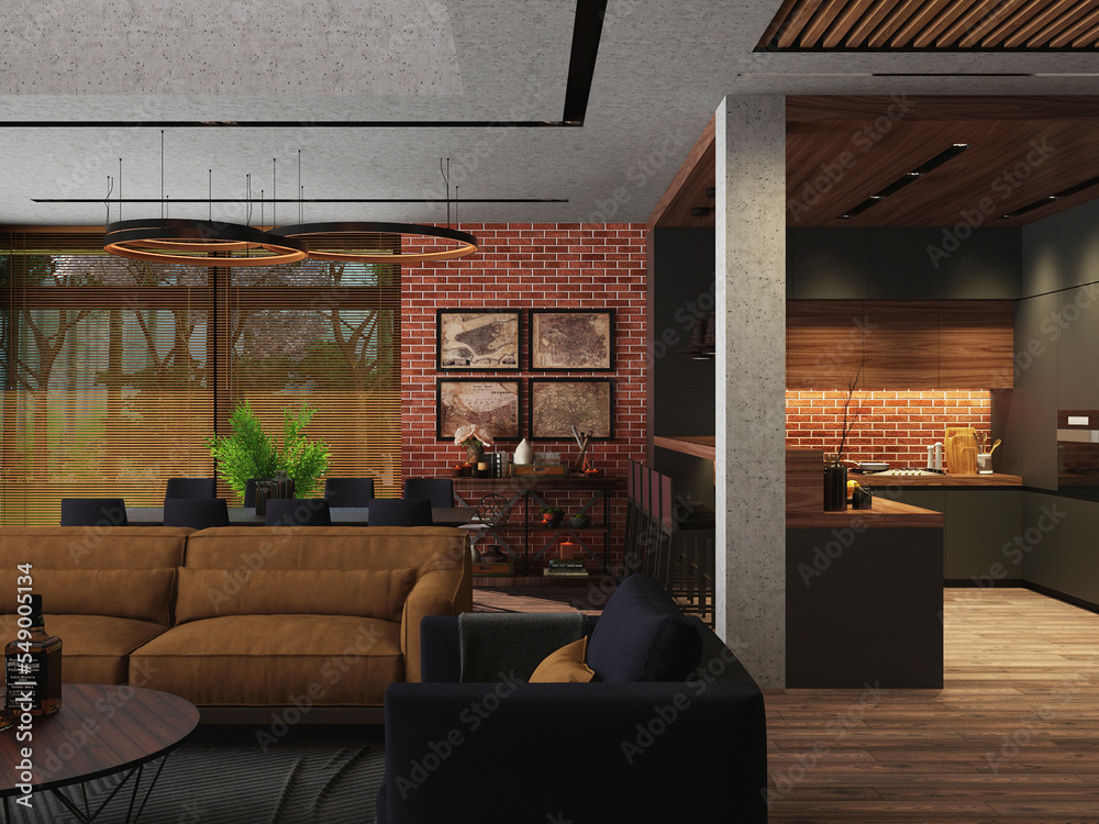 3d visualization of a modern interior in a loft style. Brick wall ...