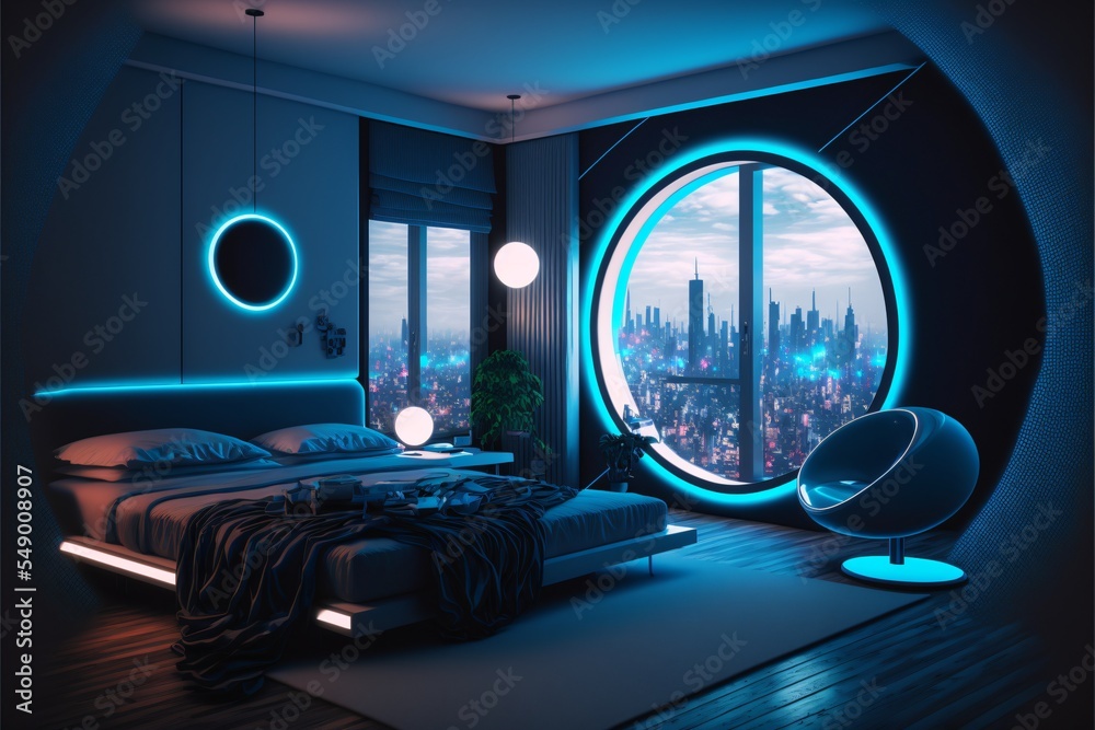 bedroom interior design in blue tones, science fiction architecture ...