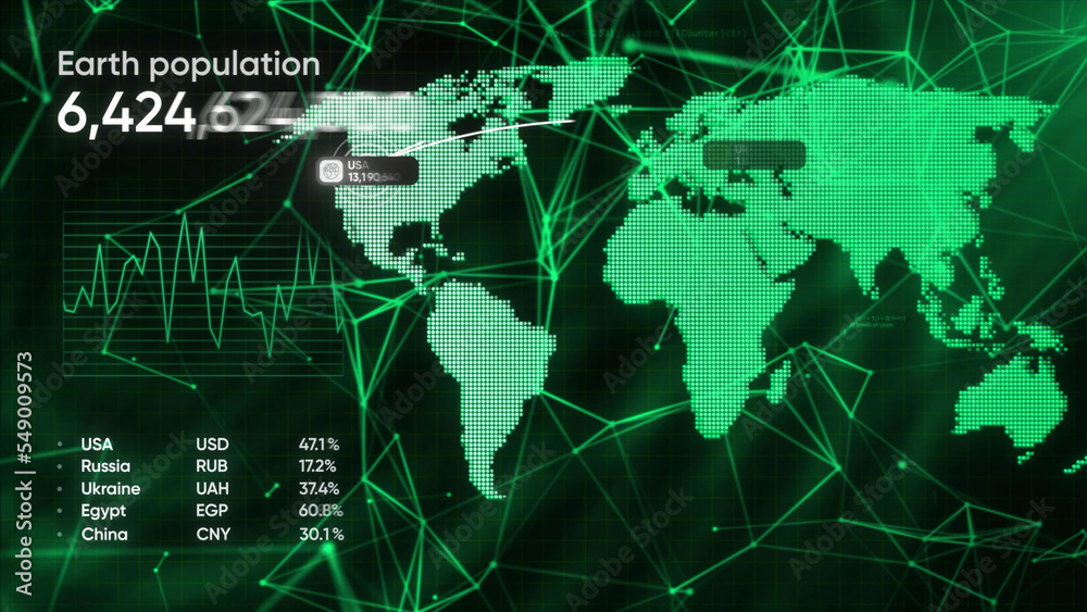 Graph of earth's population. Motion. Animated world map with moving ...