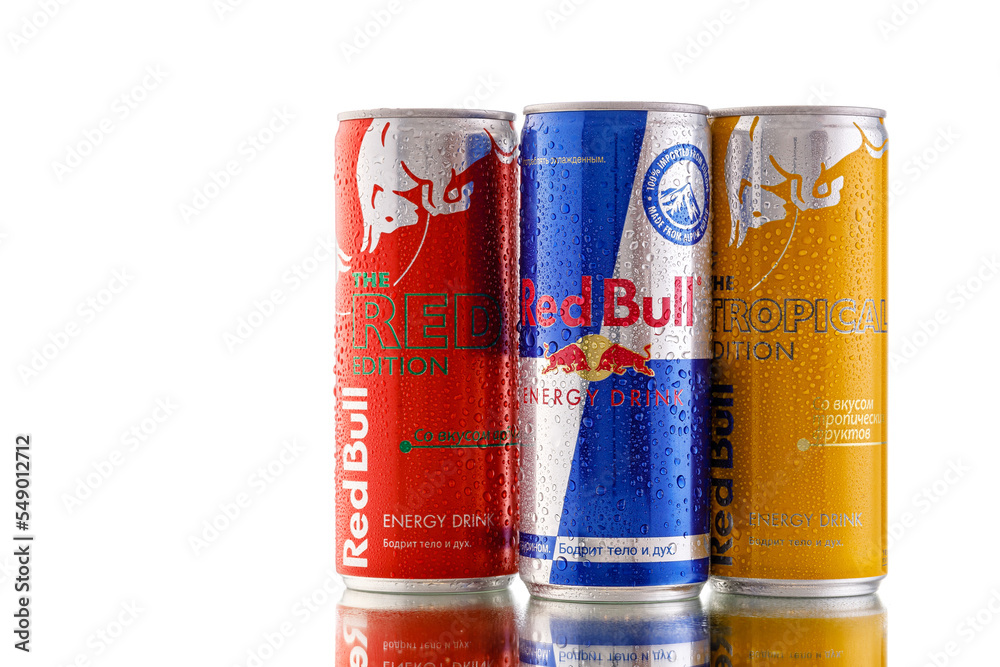 Can of Red Bull Energy Drink. Group of red bull on white isolated ...