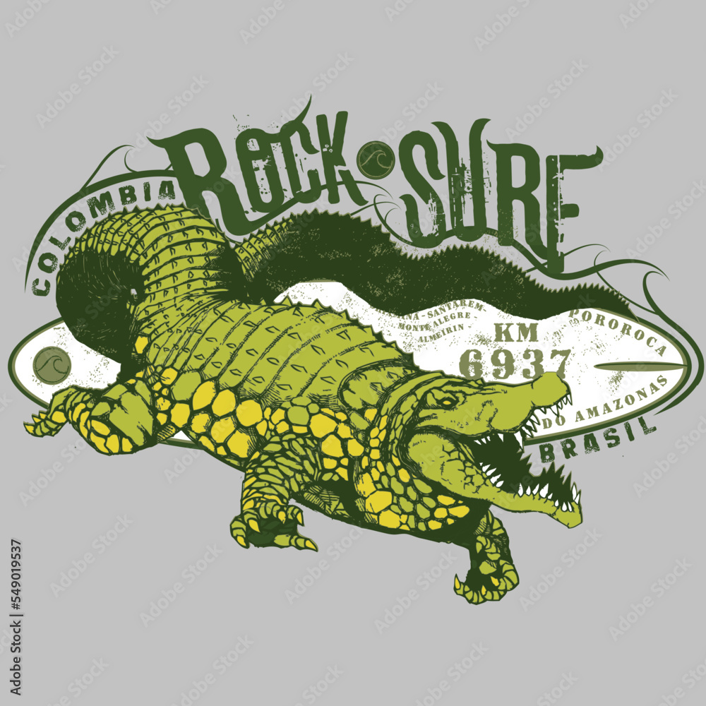Crocodile mascot of a surf team. In the background a surfboard and some ...