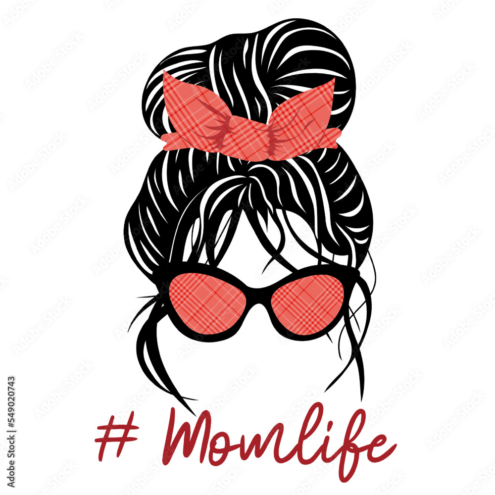 Momlife. Silhouette of a woman face with messy hair in a bun. Mom ...