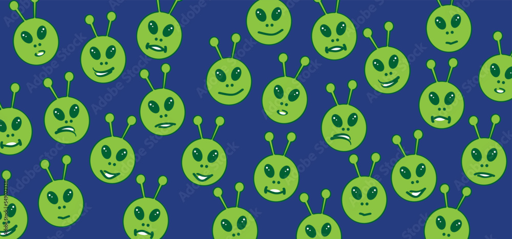 Aliens faces. for Ufo flying spaceship. For world UFO day. Cartoon ...