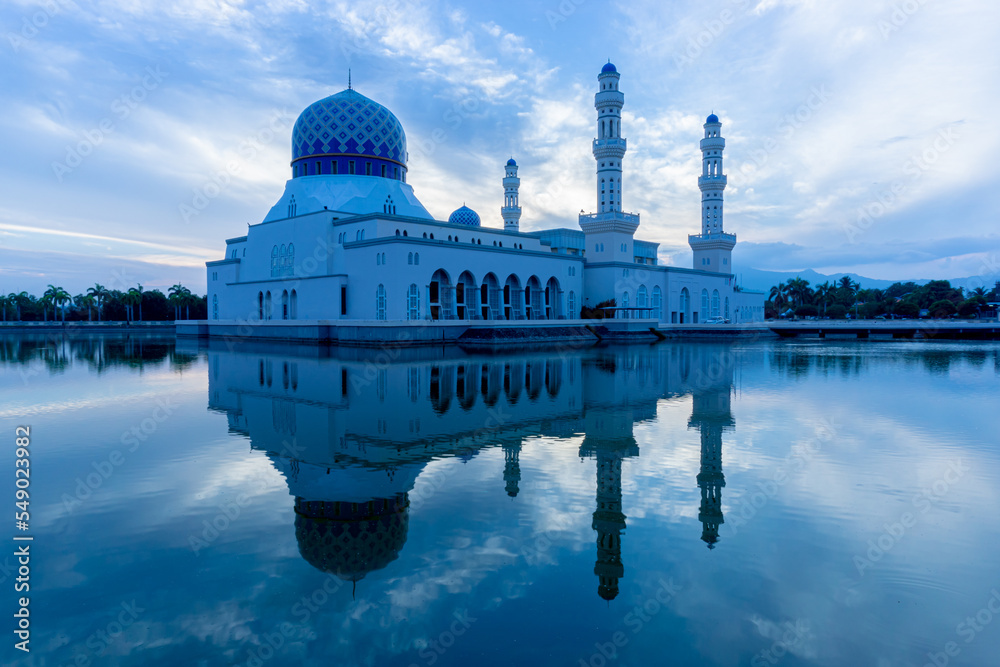The floating City Mosque, also known as Likas Mosque at Kota Kinabalu ...
