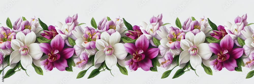 Seamless floral border. Isolated fresh flowers on white background ...