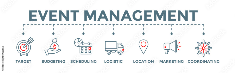 Event management banner web concept illustration with target, budgeting ...