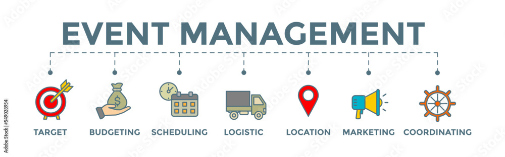 Event management banner web concept illustration with target, budgeting ...