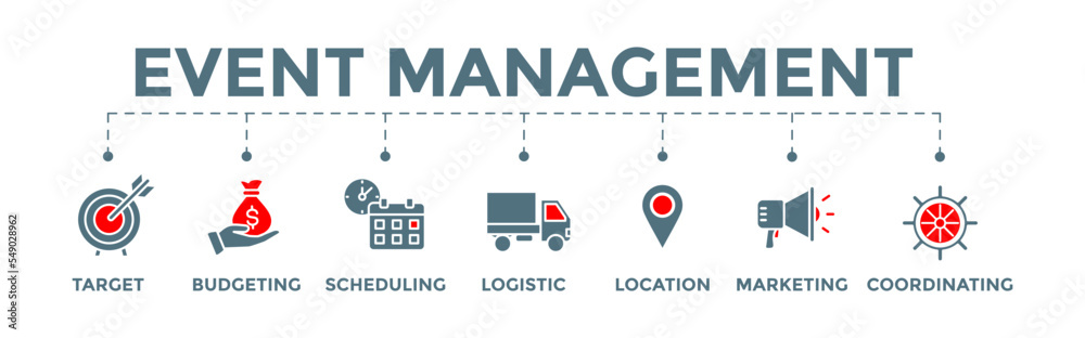 Event management banner web concept illustration with target, budgeting ...