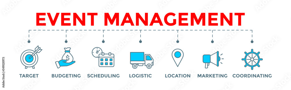 Event management banner web concept illustration with target, budgeting ...