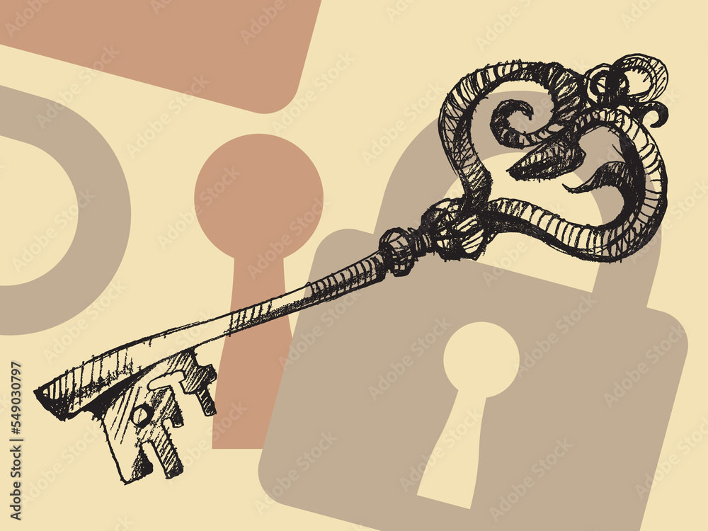 Old key line drawing. Sketch illustration. Vintage antique key. Magic ...