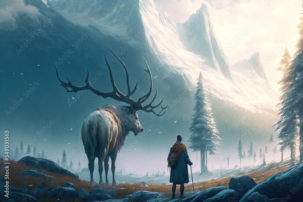 Hunter tracking Giant elk. Fantasy scenery. concept art. winter ...