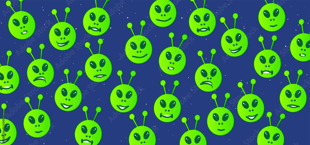 Aliens faces. for Ufo flying spaceship. For world UFO day. Cartoon ...