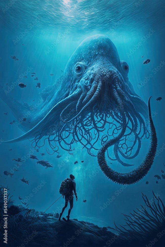 Scuba diving explore the world under the ocean. Kraken. Fantasy scenery ...