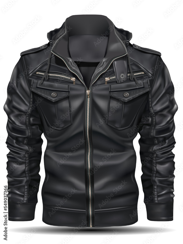 Realistic black jacket leather for men on white background vector Stock ...