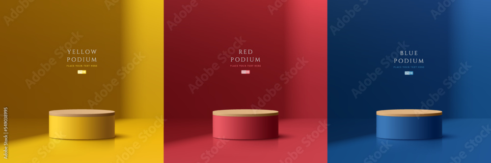 Set of abstract 3D rooms with yellow, blue, red, wooden realistic ...