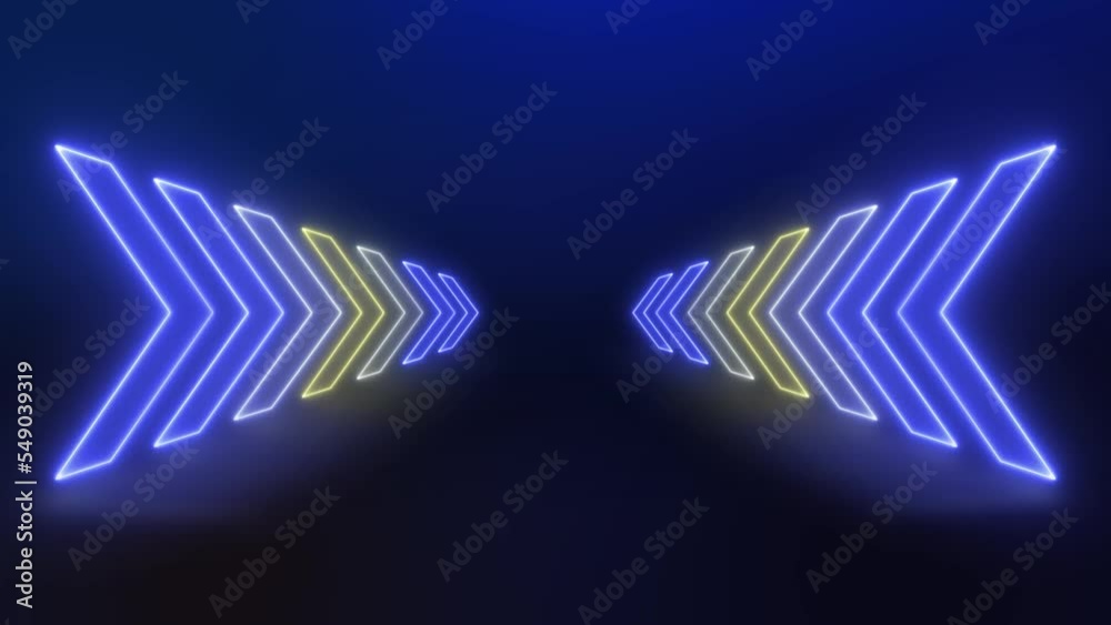 Neon glowing arrows, seamless, looped, cycled animation. Blue, yellow ...
