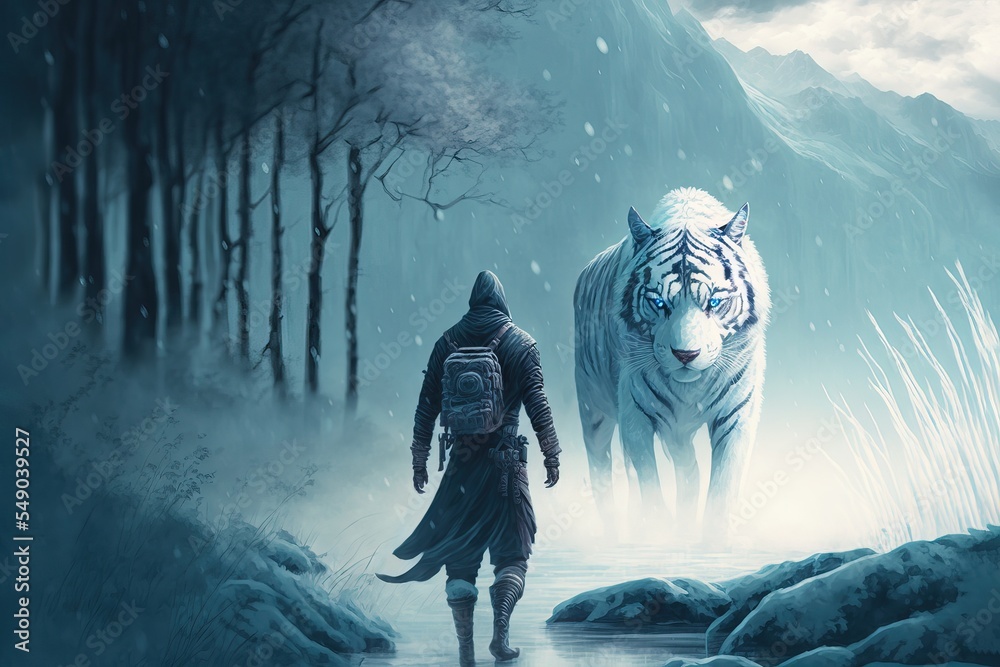 ภาพประกอบสต็อก Hunter and White tiger in the Forest. Fantasy scenery. Concept art. ภาพ | Adobe Stock