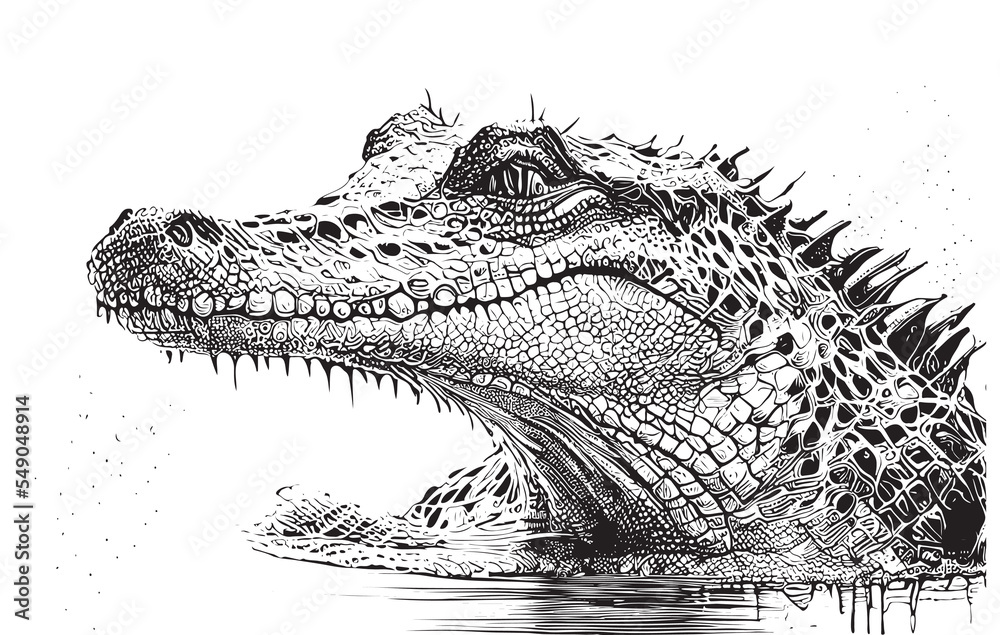 Crocodile portrait sketch hand drawn sketch, engraving style Side view ...