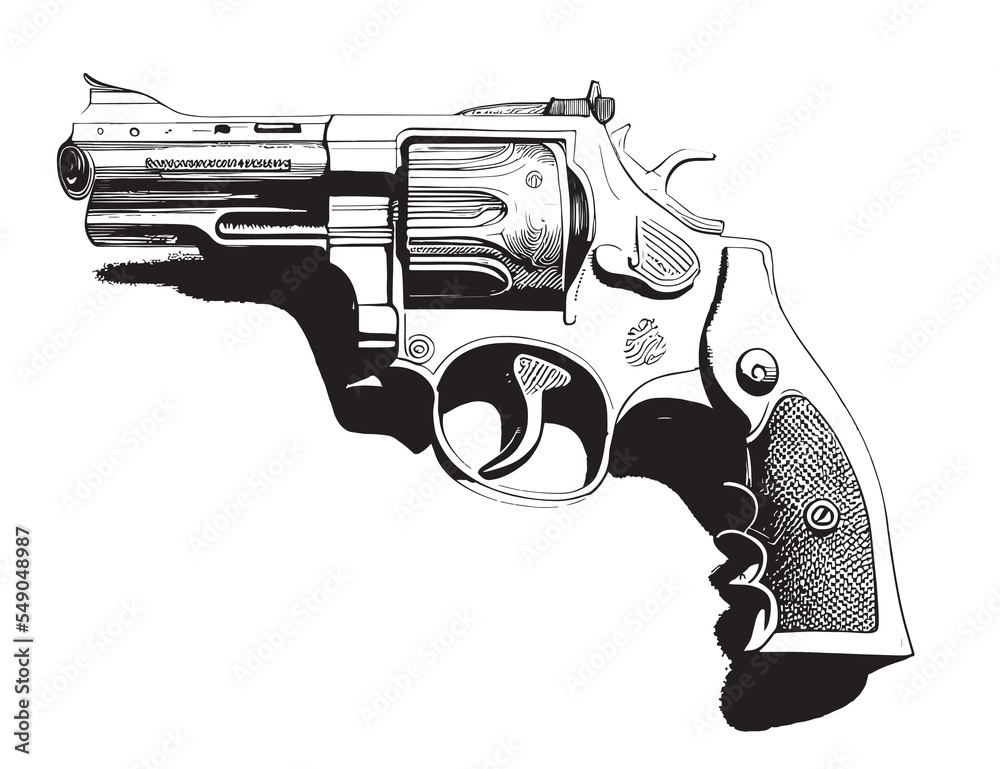Revolver vintage sketch hand drawn sketch, engraving style Side view ...