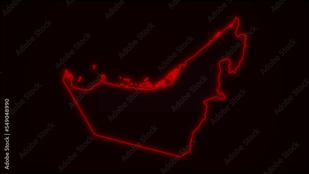 United Arab Emirates Map Outline Country Border on black. Neon Lights ...