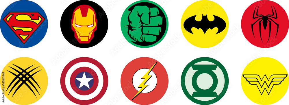 Logos of the most famous superheroes. Batman, Superman, Spider-Man, Iron Man, Wolverine, Captain ...