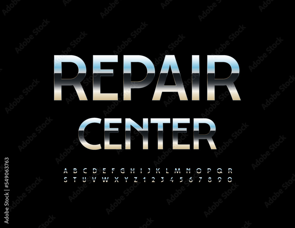 Vector industrial Banner Repair Center. Modern Steel Font. Chrome ...