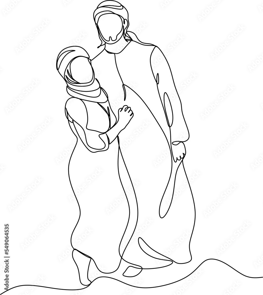 One line drawing of young happy muslim men and women walking together ...