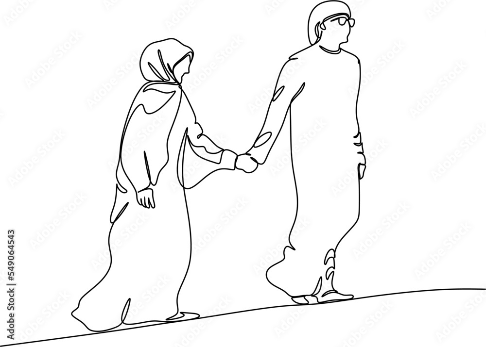 One line drawing of young happy muslim men and women walking together ...